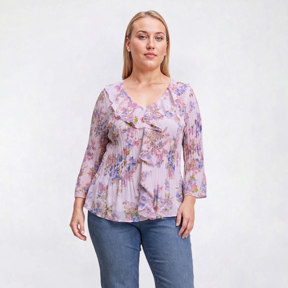 Click here for Plus Size Floral & Ivy 3/4 Ruffle Neck Floral Plea... prices